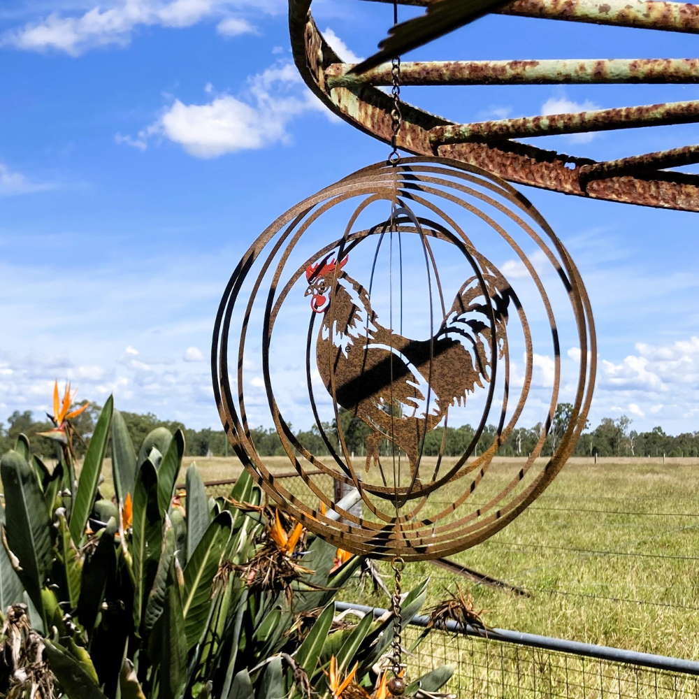 Rustic Rooster Wind Spinner – Evelyn and Owl