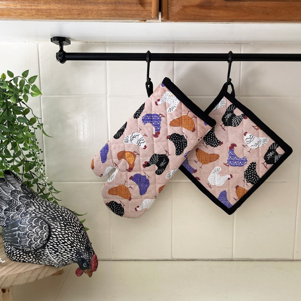 Bright Hens Oven Gloves – Evelyn and Owl